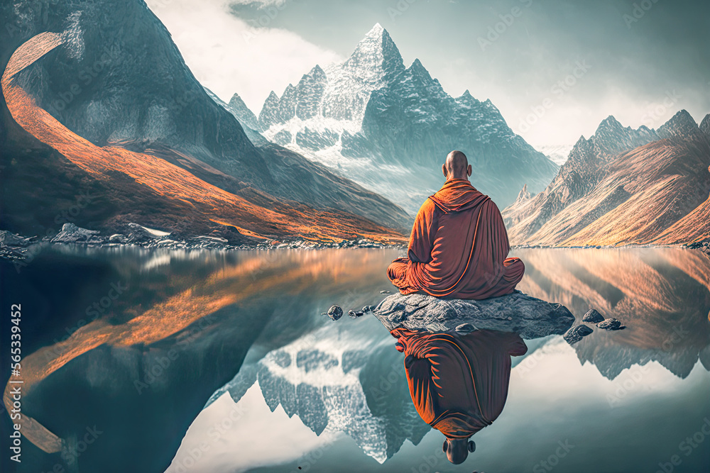 Ein meditierender Mönch vor einer wunderschönen Landschaftskulisse Ruhe ...