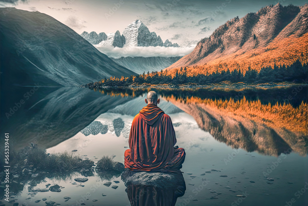 Ein meditierender Mönch vor einer wunderschönen Landschaftskulisse Ruhe ...