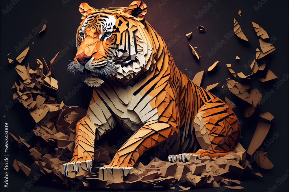 high detail 3D low poly illustration of a cardboard tiger ai generated ...