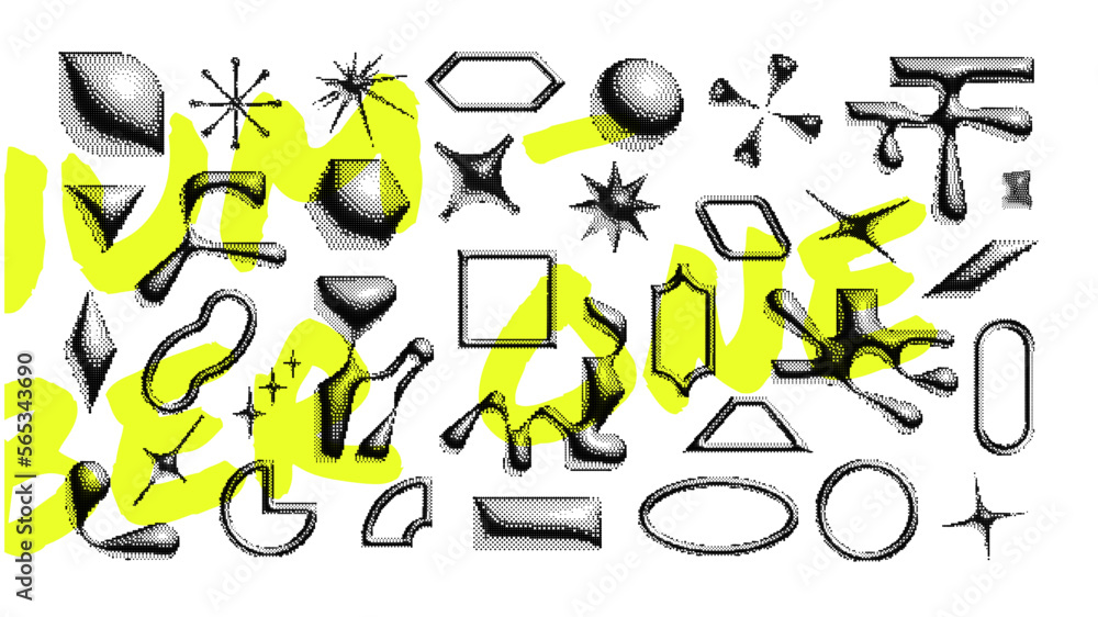 Set of creative pseudo 3d shapes. Halftone effect figures. Abstract ...