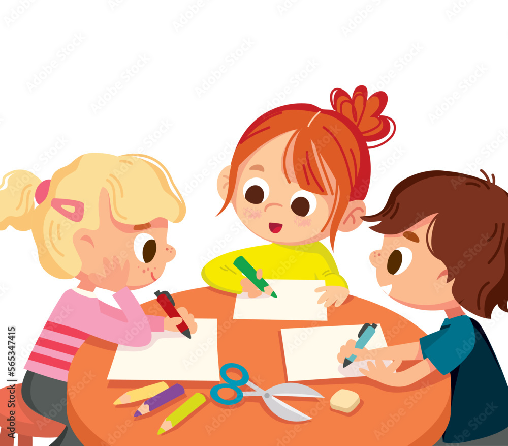 Fototapeta Kids Learn How To Draw Little Children Babies Drawing