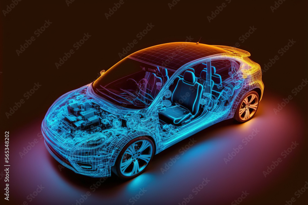 Virtual simulation of future electric car showing wireframe prototype model blueprint in display ...