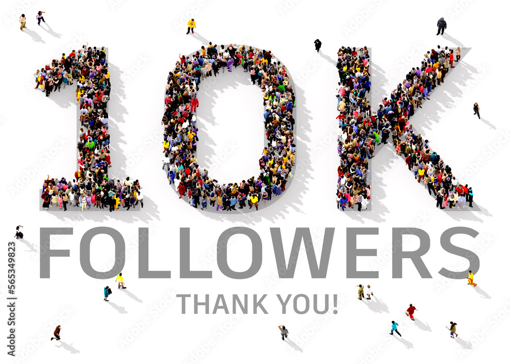 Crowd of people gathered together in the shape of "10 K followers" text ...