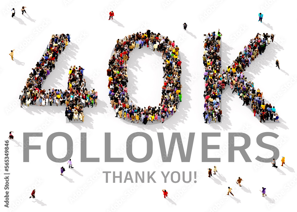 Crowd of people gathered together in the shape of "40 K followers" text ...