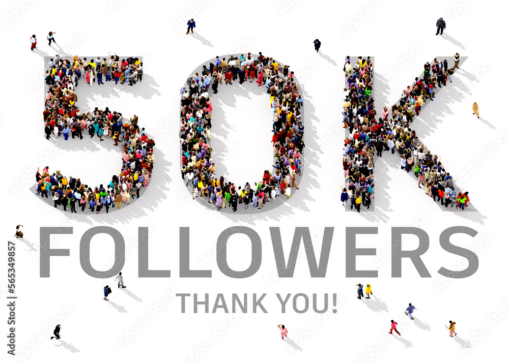Crowd of people gathered together in the shape of "50 K followers" text ...