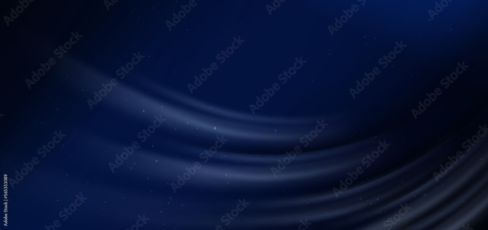 Elegant dark blue curved line on dark blue background with sparkle and ...