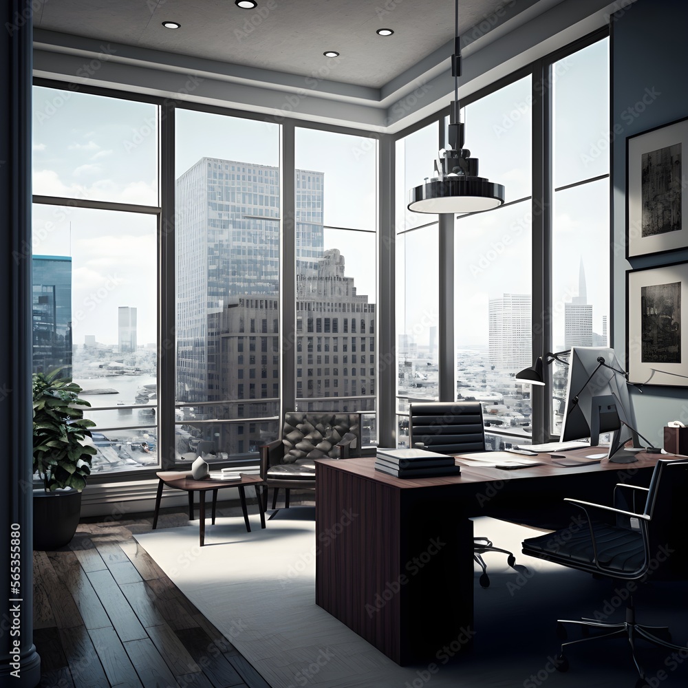 photorealistic corner office office building wall to wall windows high ...