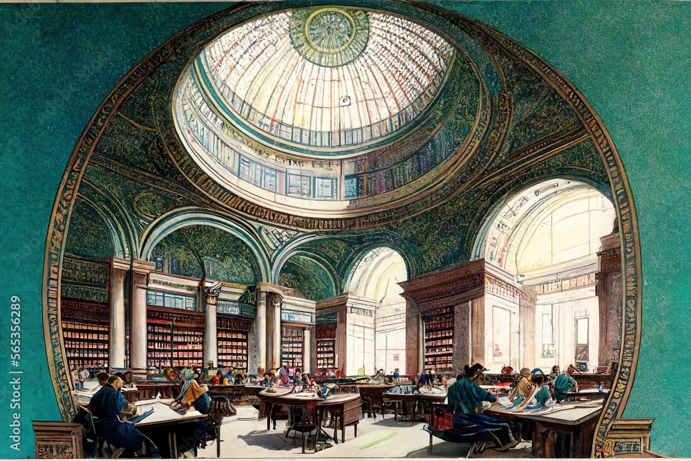 A detailed colored pencil drawing of a grand city library with a domed ...