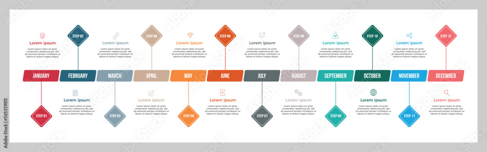 Diamond timeline infographic template. Colorful 12 steps timeline ...