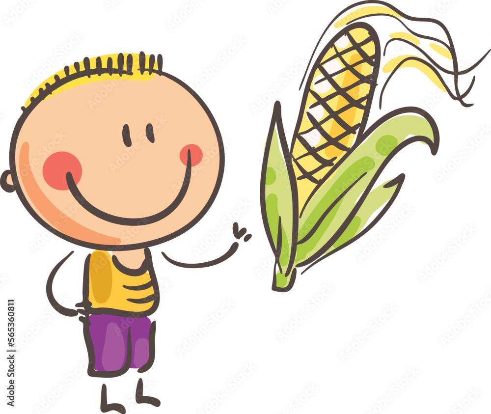 Sketchy kid with corn. Cartoon boy and vegetable. Healthy lifestyle ...