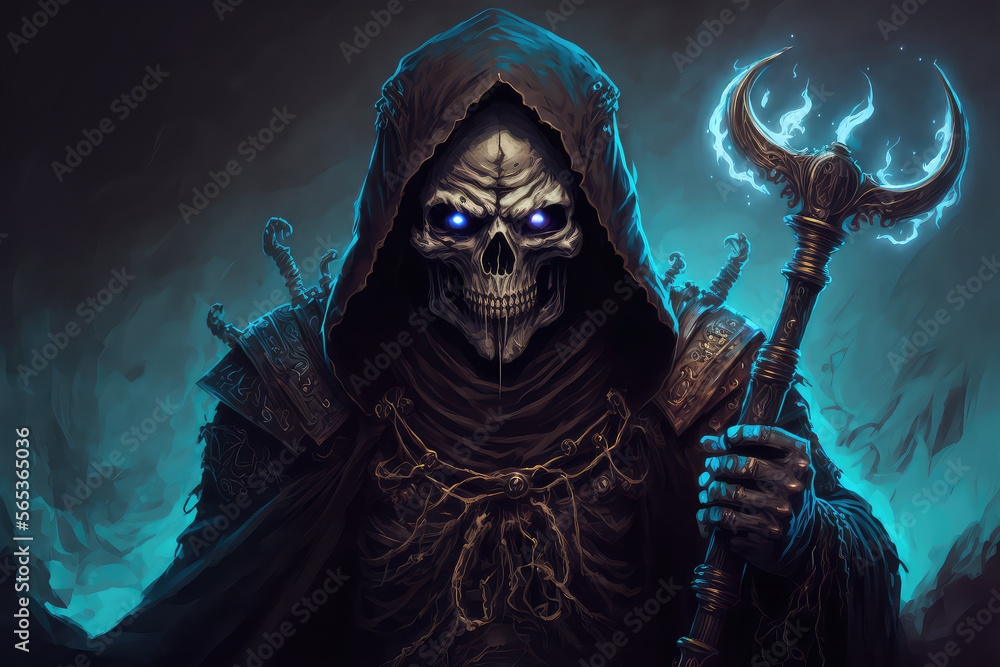 A sinister devastated necromancer in a spiked hood and a torn cloak ...