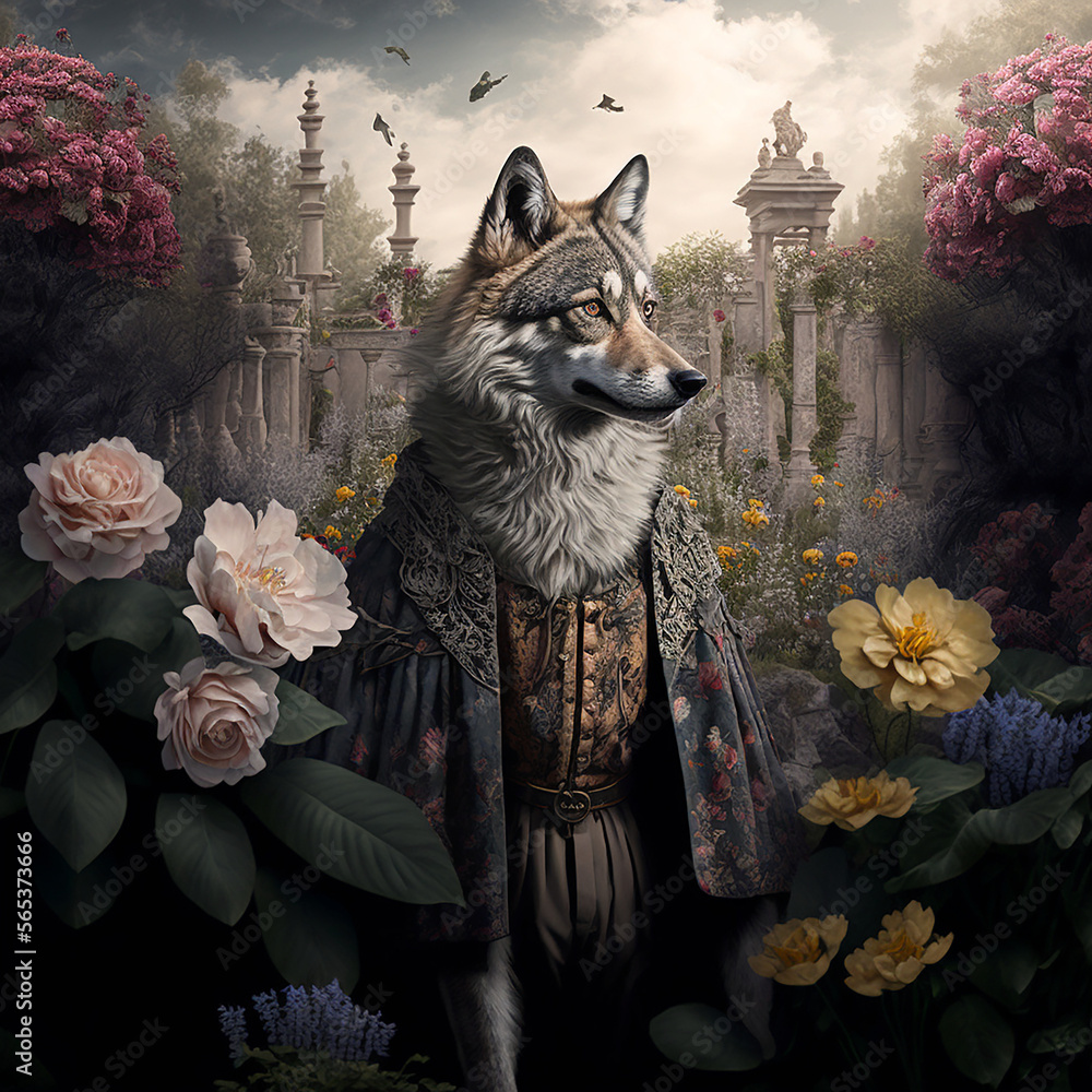 Wolf dressed in victorian style clothin in an elegant flower garden ...