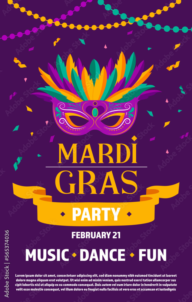 Mardi gras carnival party poster.Mask with feathers for carnaval ...