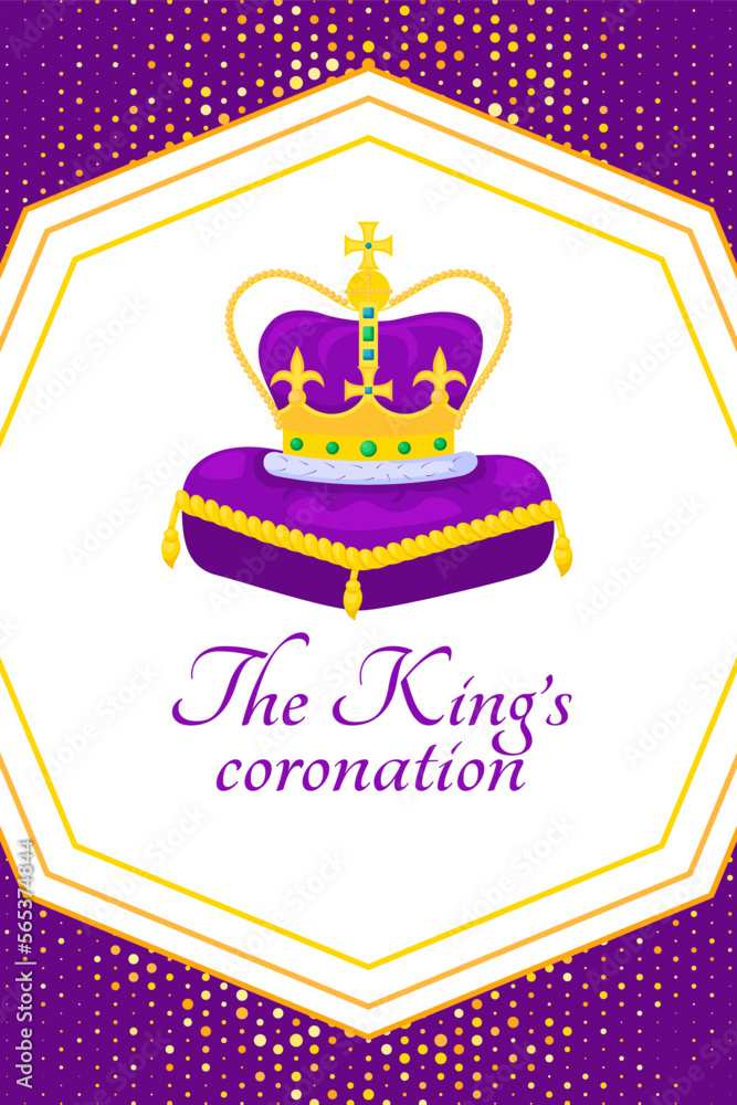 The King's coronation poster. Golden crown on purple pillow. Design for ...