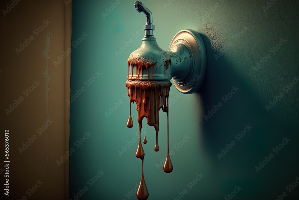 Pictured here is water dripping from a faucet against a wall in close ...