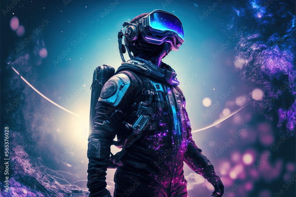 A man wearing a VR in space wearing an astronaut suit in his VR game AN ...