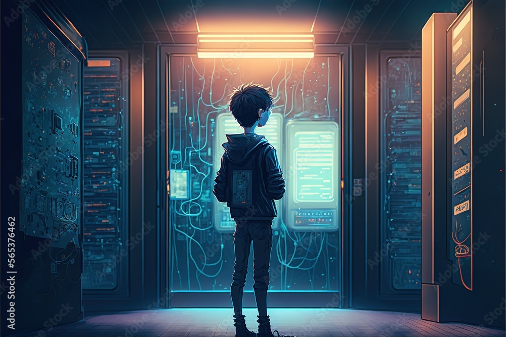 Boy standing in hacker room in front of holographic. Artificial ...