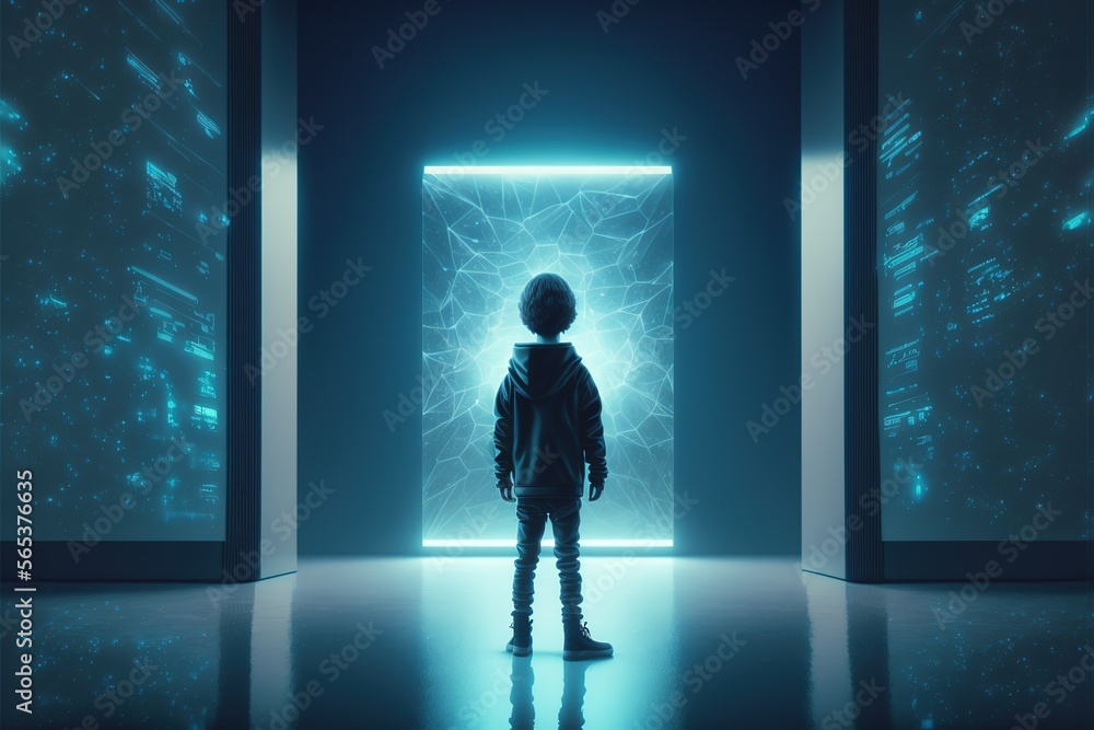 Boy standing in hacker room in front of holographic. Artificial ...