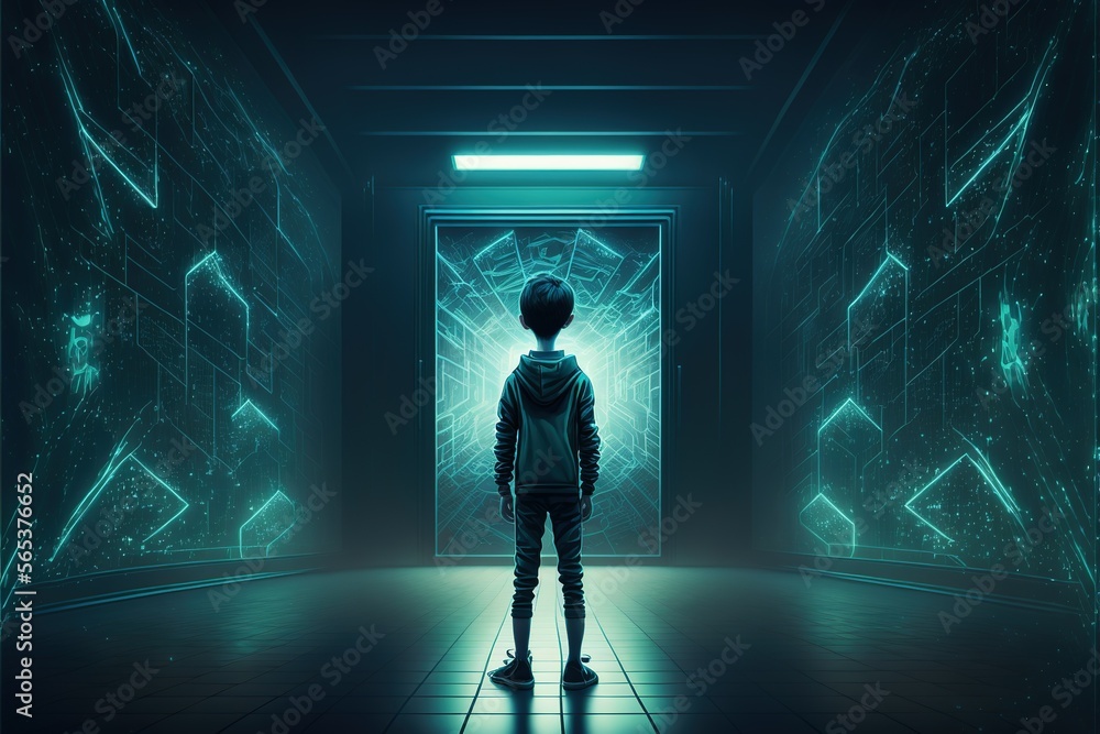 Boy standing in hacker room in front of holographic. Artificial ...