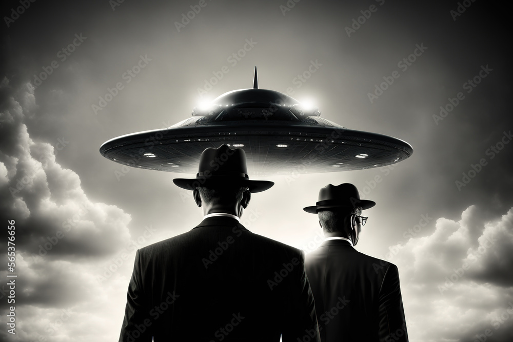 Two men dressed in black in the 80s with big UFO above them. Black and ...