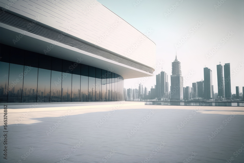 Modern architecture building design with empty concrete floor and urban ...