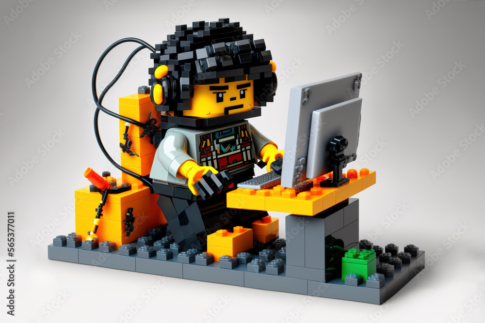 Pixel three dimensional art of gamer concentrated on playing video ...