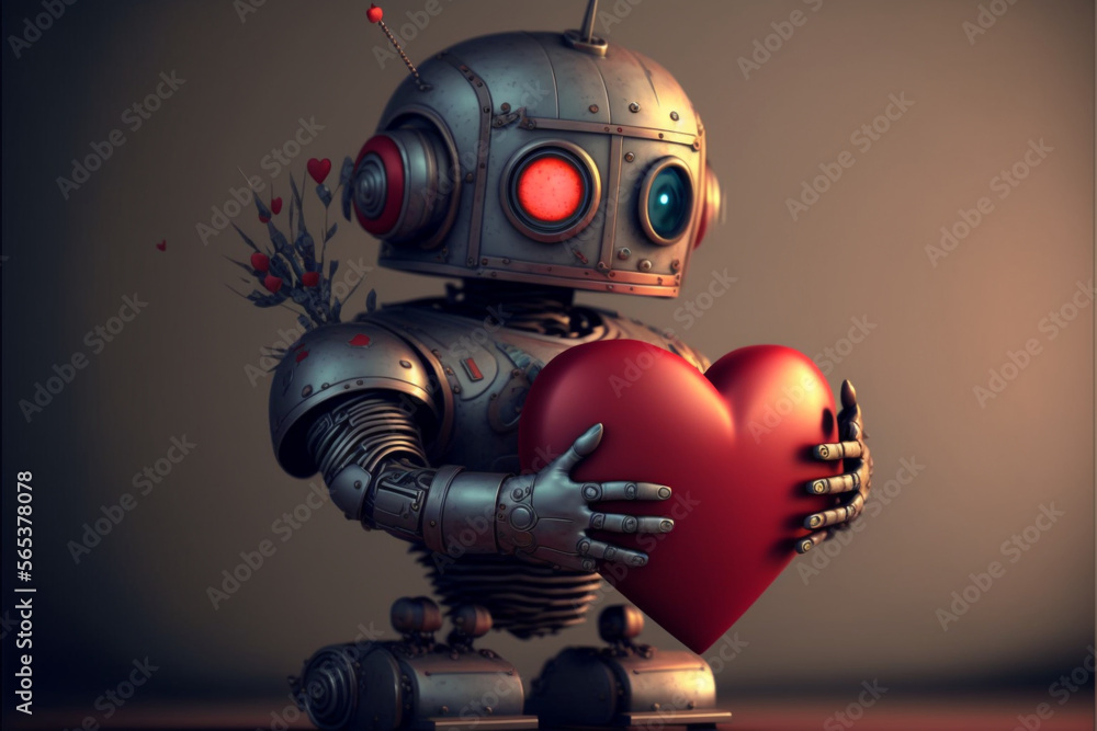 Cute Metal Robot Holding a Red Valentine's Heart Digital Art Generative ...