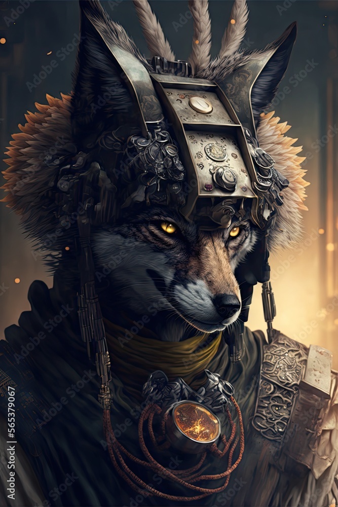 Armed wolf warrior with tribal feather headpiece, chef of the ancient wolf tribe, fantasy wolf ...