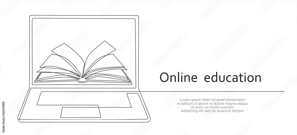 Continuous line drawing or one line drawing of a book on a computer ...