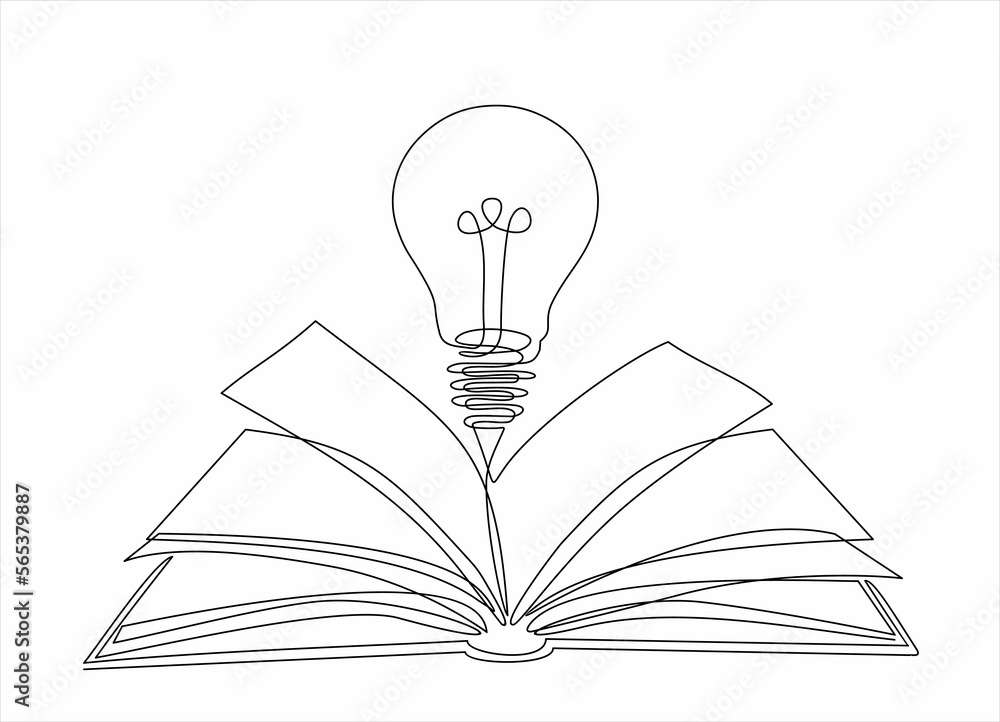 One Single Line Drawing Of Shining Light Bulb Above Open Text Book Logo Identity Continuous