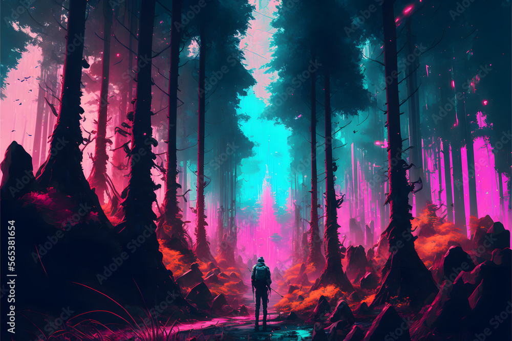 Retrowave fantasy forest with a character standing in the middle of the ...