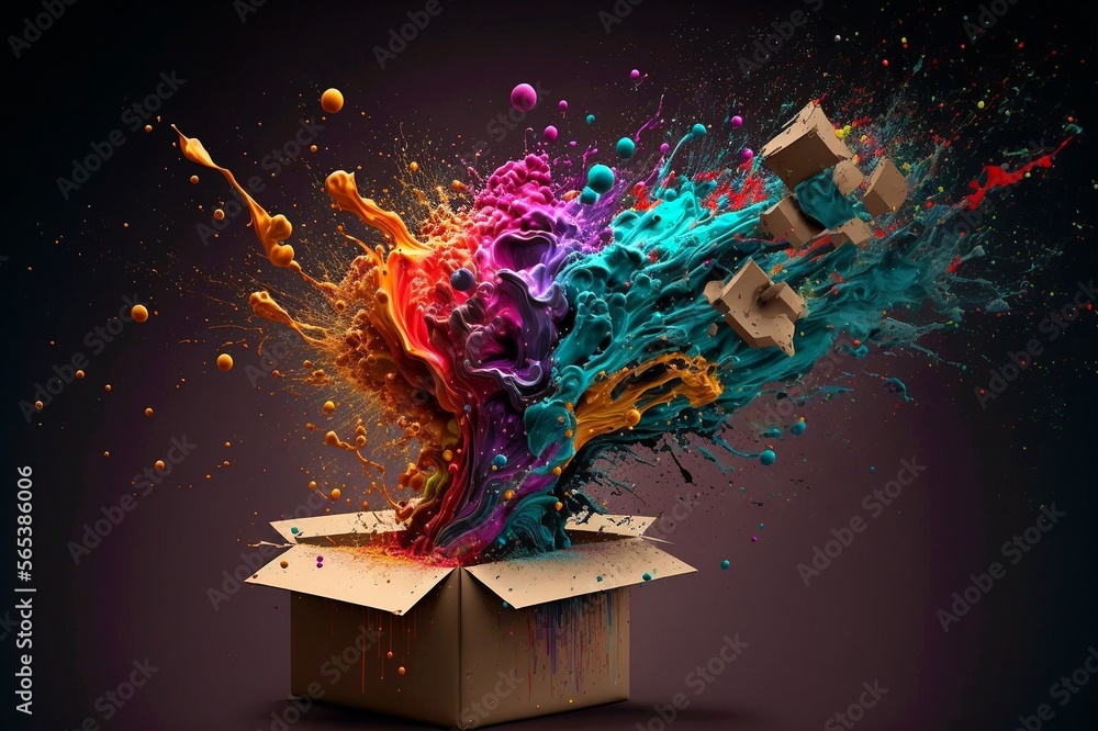 Cardboard box package surprise idea with colorful splash ink. Creative ...