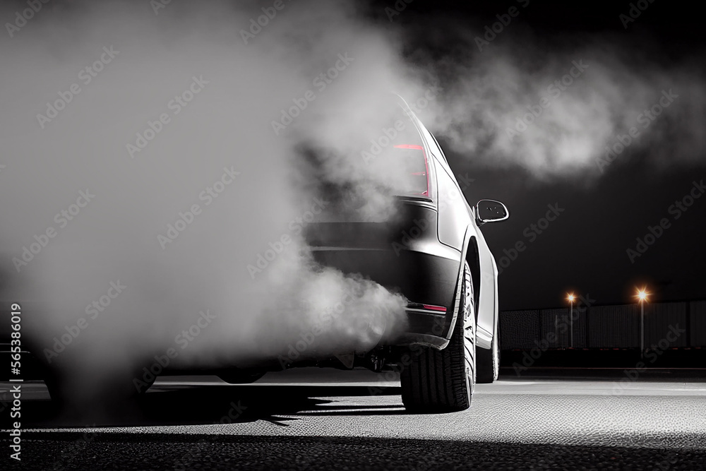 Air pollution from vehicle exhaust pipe on road on the parking, air ...