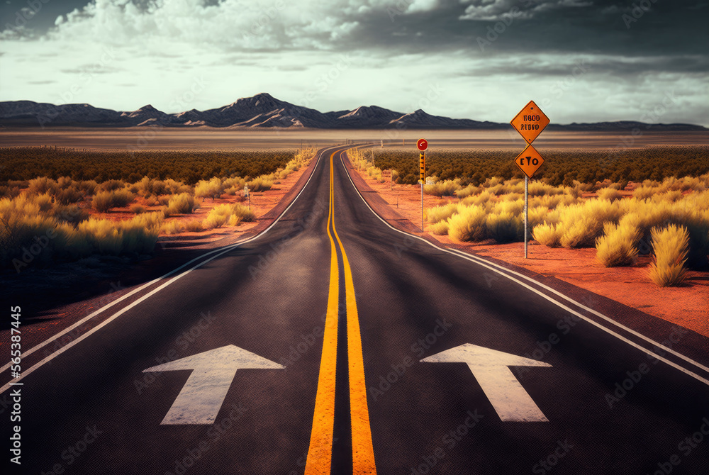An empty one way road with two arrows going through a field of shrubs ...