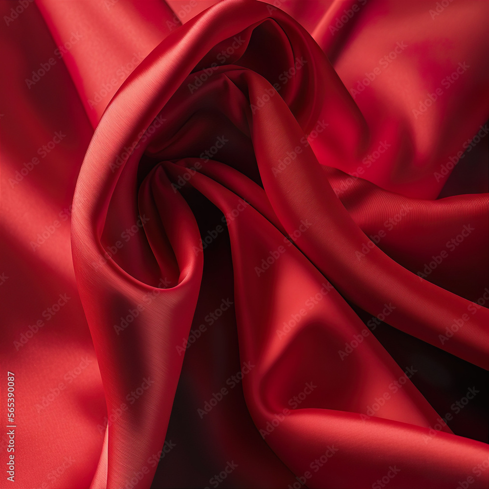 Red silk satin fabric, textile with lots of folds, curves and waves ...