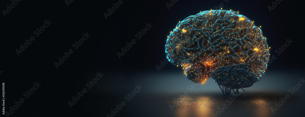 Cyber brain of Artificial Intelligence. Wires and circuit attached ...