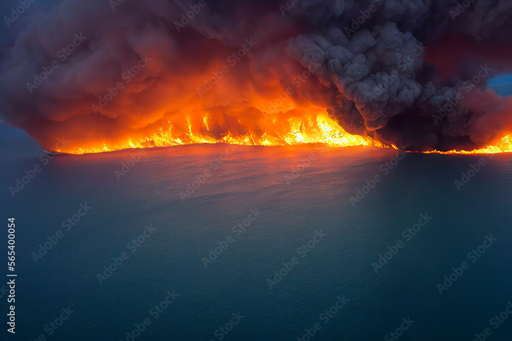 Burning Oil Spill, Huge Fire and Thick And Dense Smoke over an Oil ...