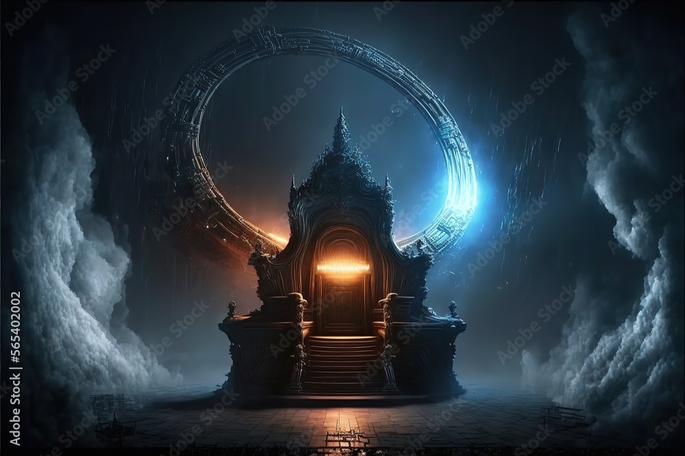 Throne at the intergalactic station, disk-shaped space platform ...