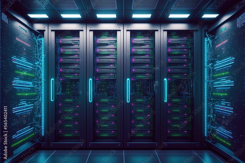 Rack housing server data storage hardware. The equipment in the data center is connected by a ...