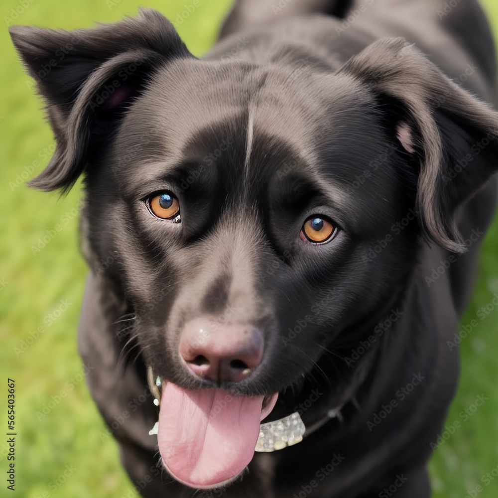 beautiful black dog with big dark fur, happy and with his tongue out ...