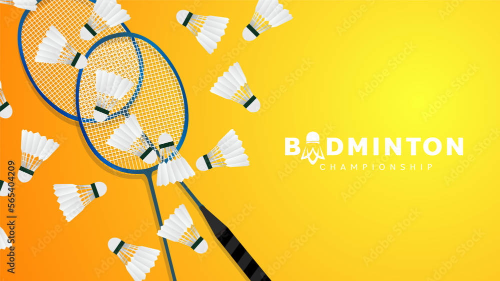 Badminton racket with white badminton shuttlecock on yellow background ...