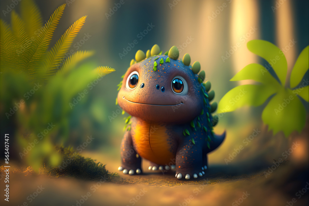 Cute baby dinosaur in forest 3d anime style. Generative ai Stock ...