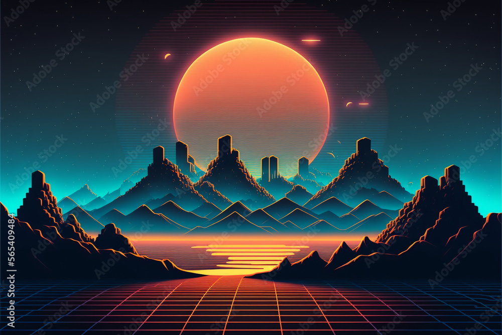 Retro Sci-Fi Background Futuristic landscape of the 80s, Digital Cyber ...