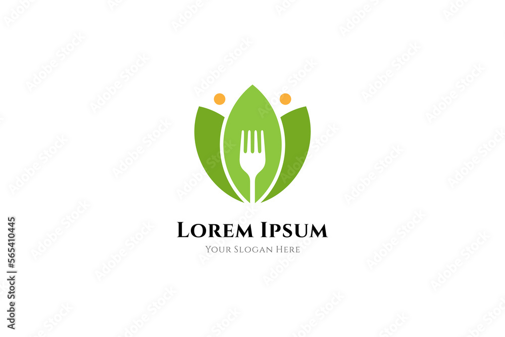 Healthy food logo with fork and leaf symbol. suitable for restaurants ...