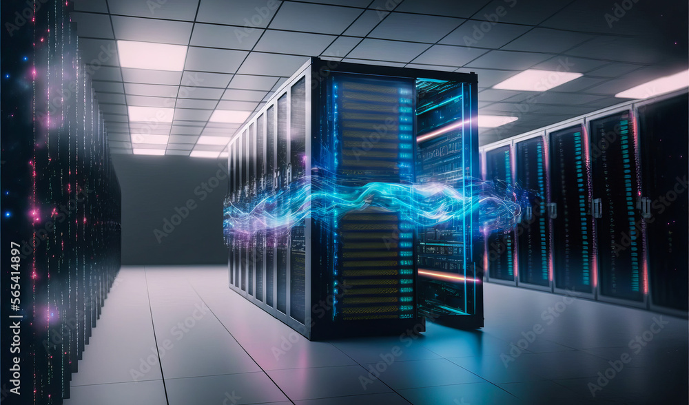 Illuminated data center interior. Dramatic lighting and digital ...