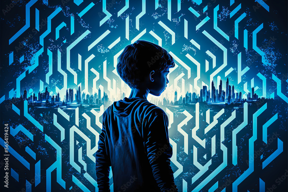 Lost child, alone in a digital world, an infinite virtual reality ...