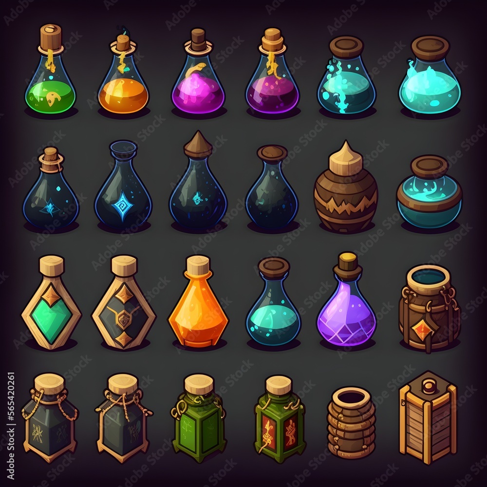 Set of Icons, magic spell potion sprite, Collection of colorful user ...