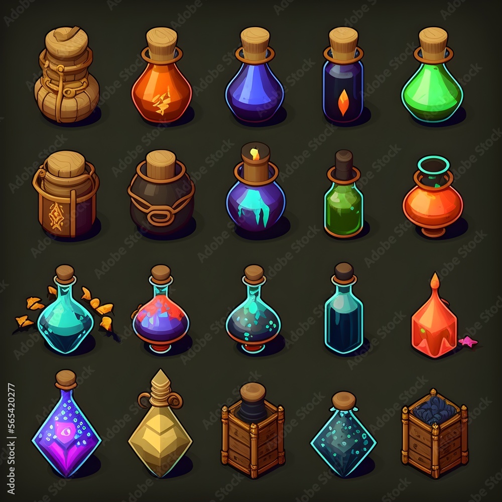 Set of Icons, magic spell potion sprite, Collection of colorful user ...
