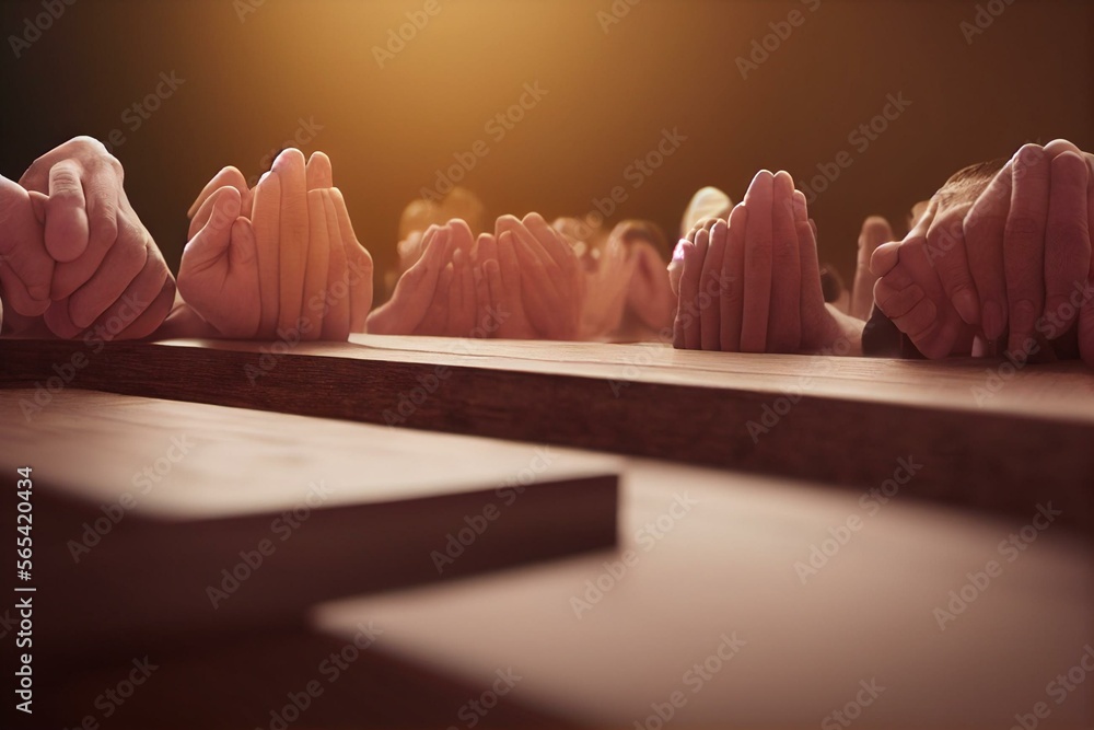 Christian group of people holding hands praying worship together to believe and Bible on a ...