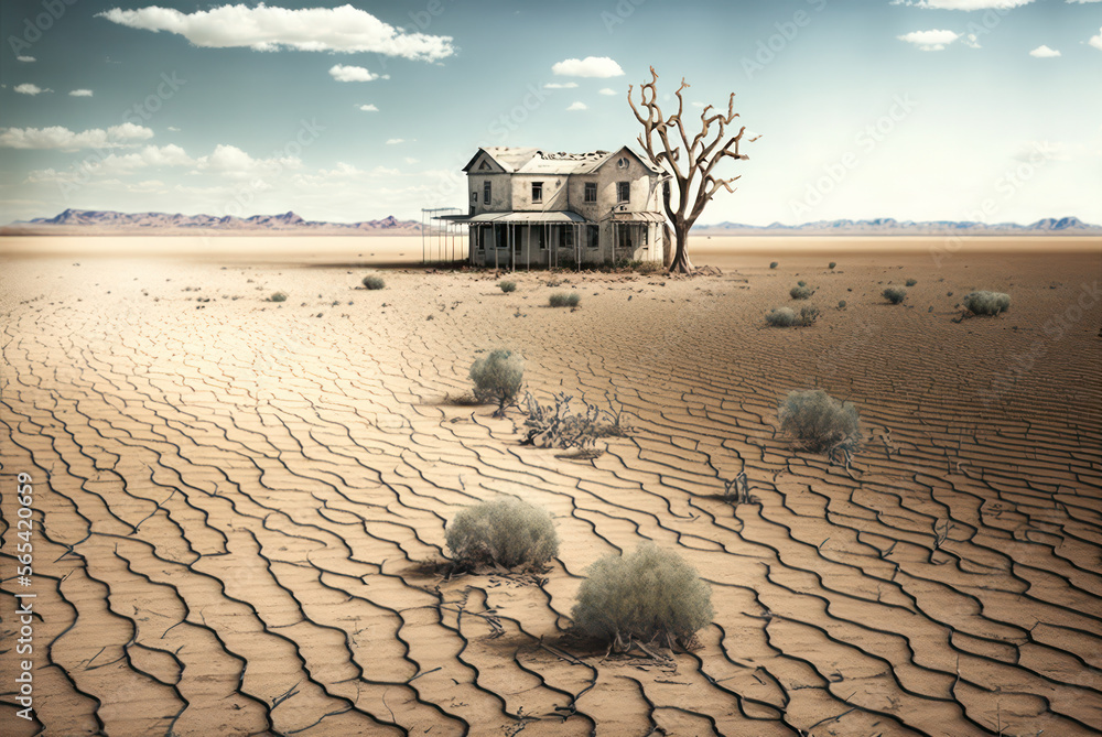 Barren landscape fith crached dried soil, abandoned farm and dead tree ...